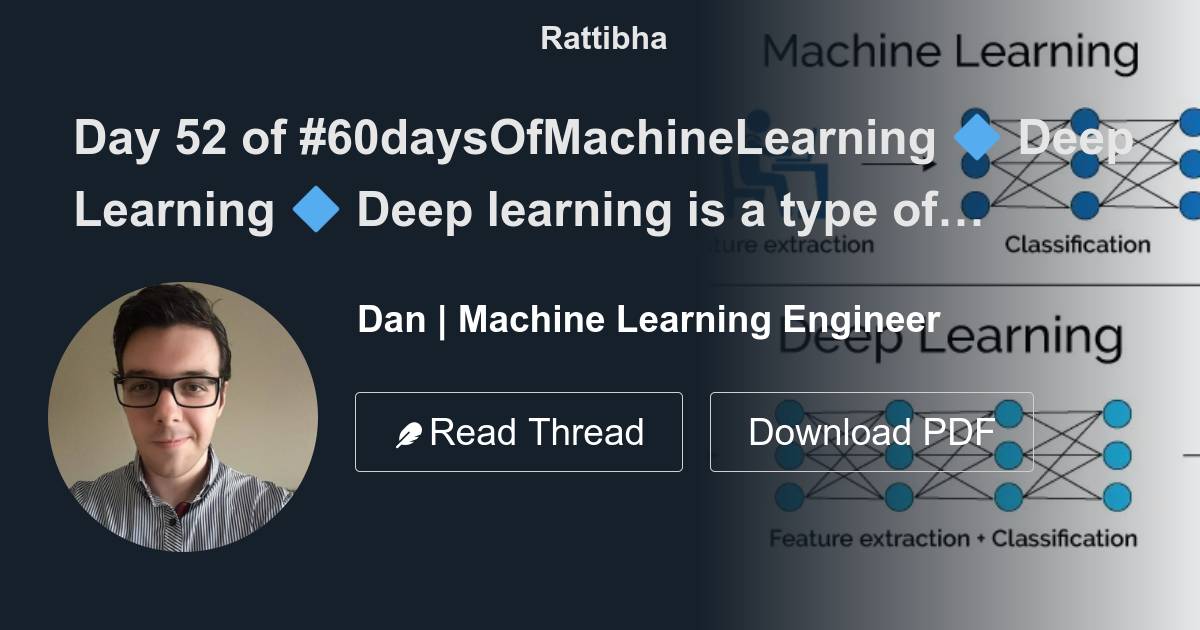 Day 52 of #60daysOfMachineLearning 🔷 Deep Learning 🔷 Deep learning is a ...