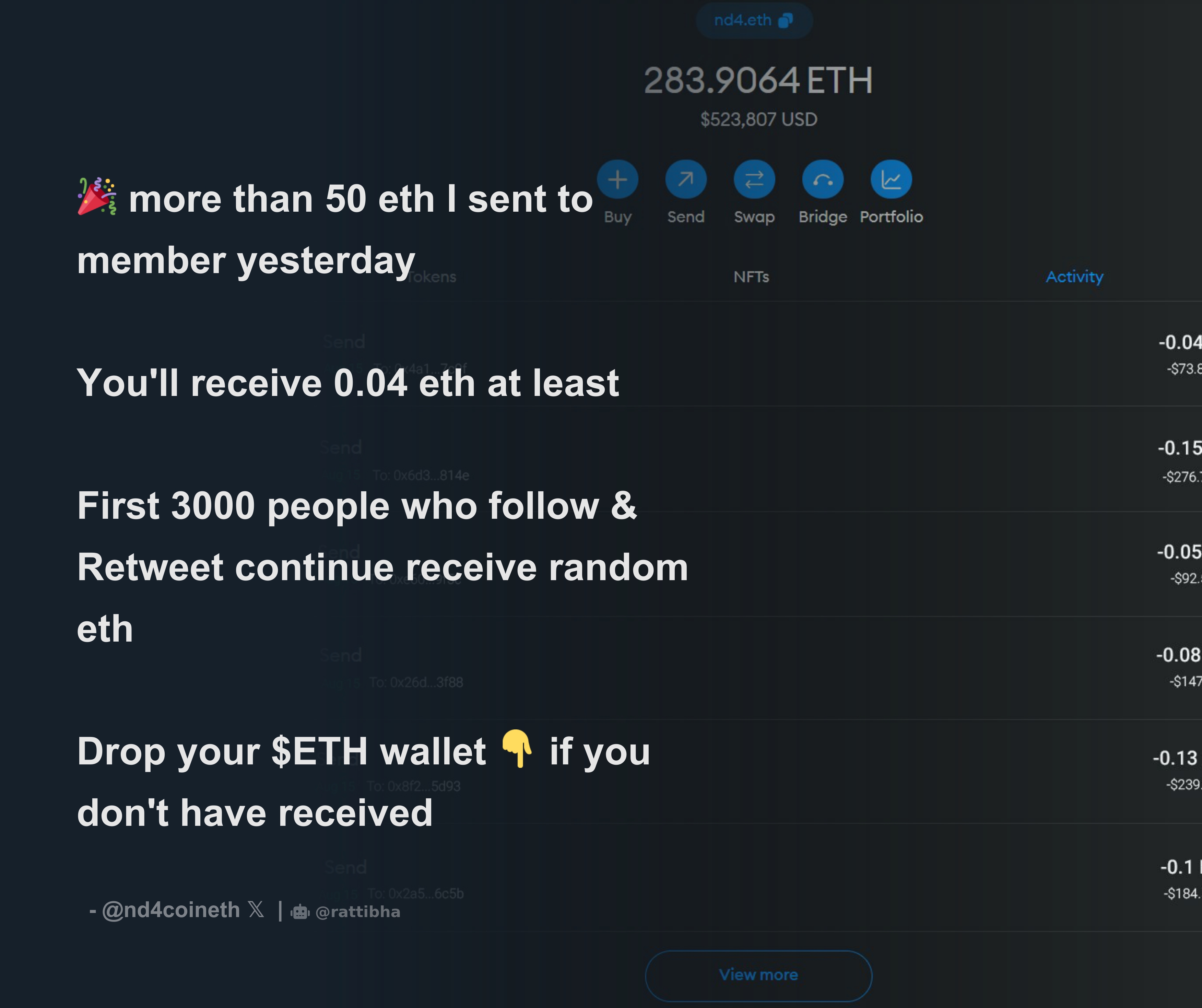🎉 more than 50 eth I sent to member yesterday You'll receive 0.04 eth ...