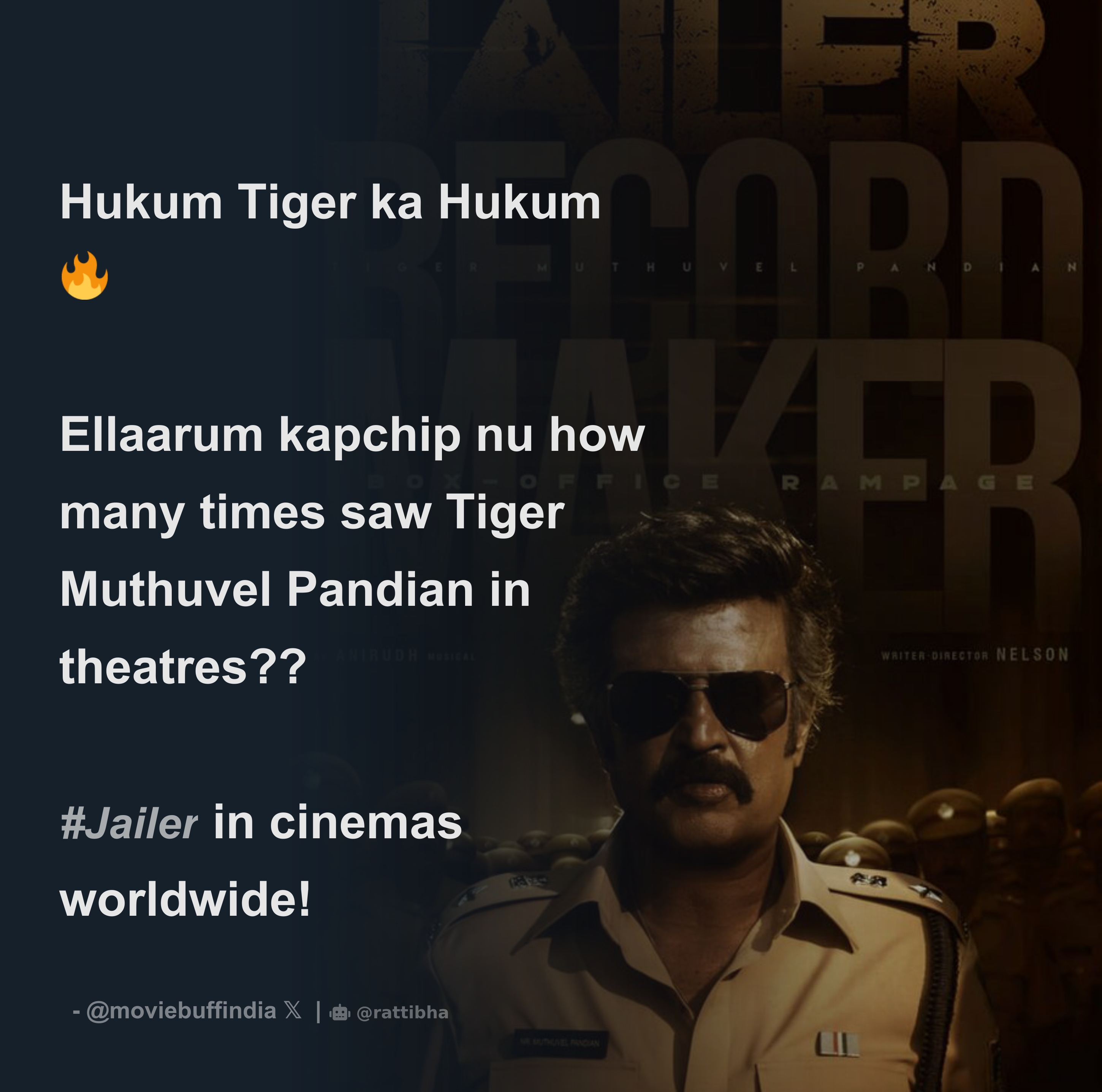 Hukum Tiger ka Hukum🔥 Ellaarum kapchip nu how many times saw Tiger Muthuvel Pandian in theatres ...