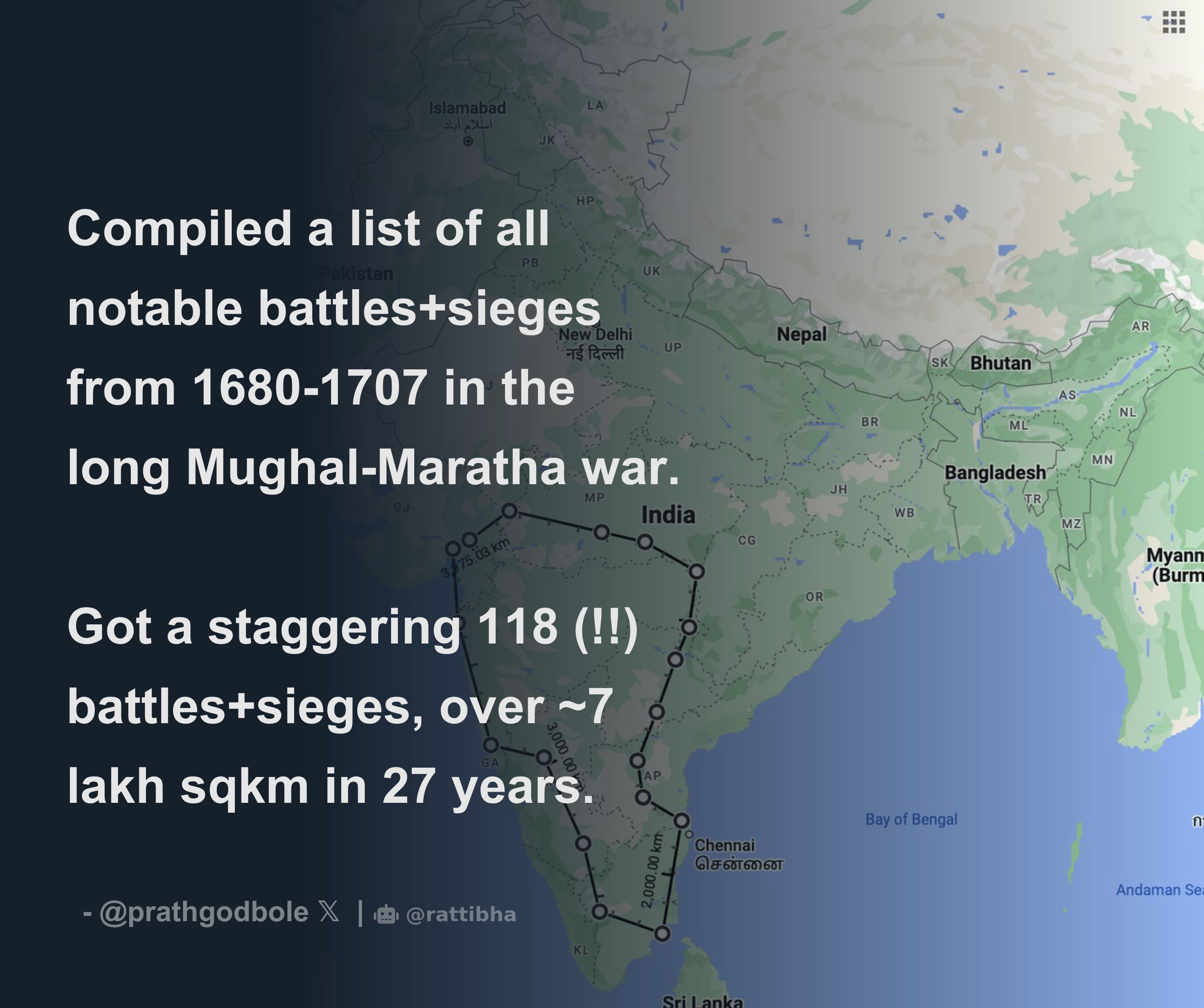 Compiled a list of all notable battles+sieges from 1680-1707 in the long Mughal-Maratha war. Got ...