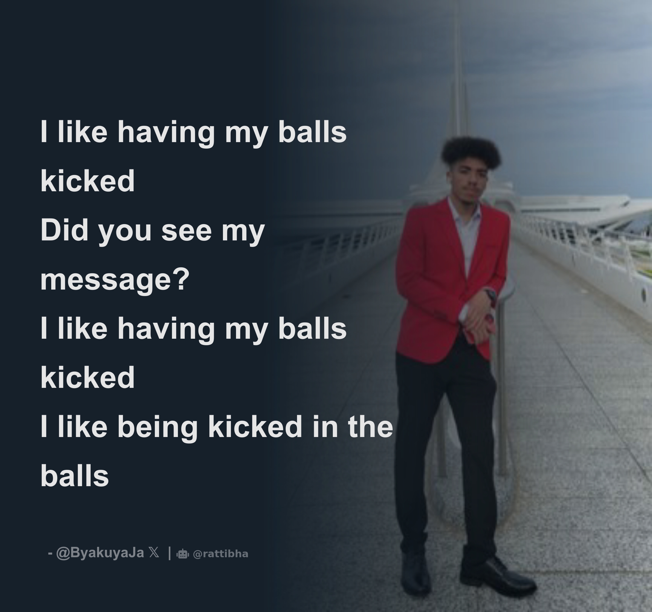 I like having my balls kicked Did you see my message? I like having my ...