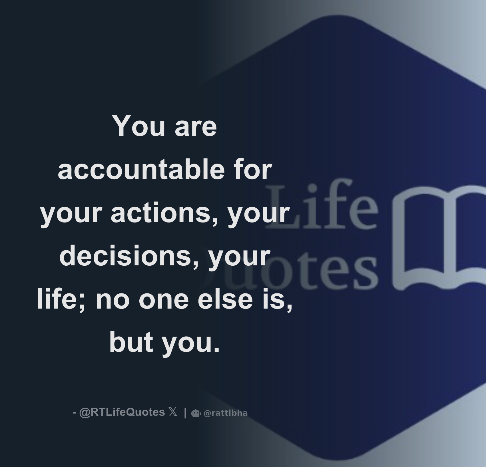 You are accountable for your actions, your decisions, your life; no one else is, but you ...