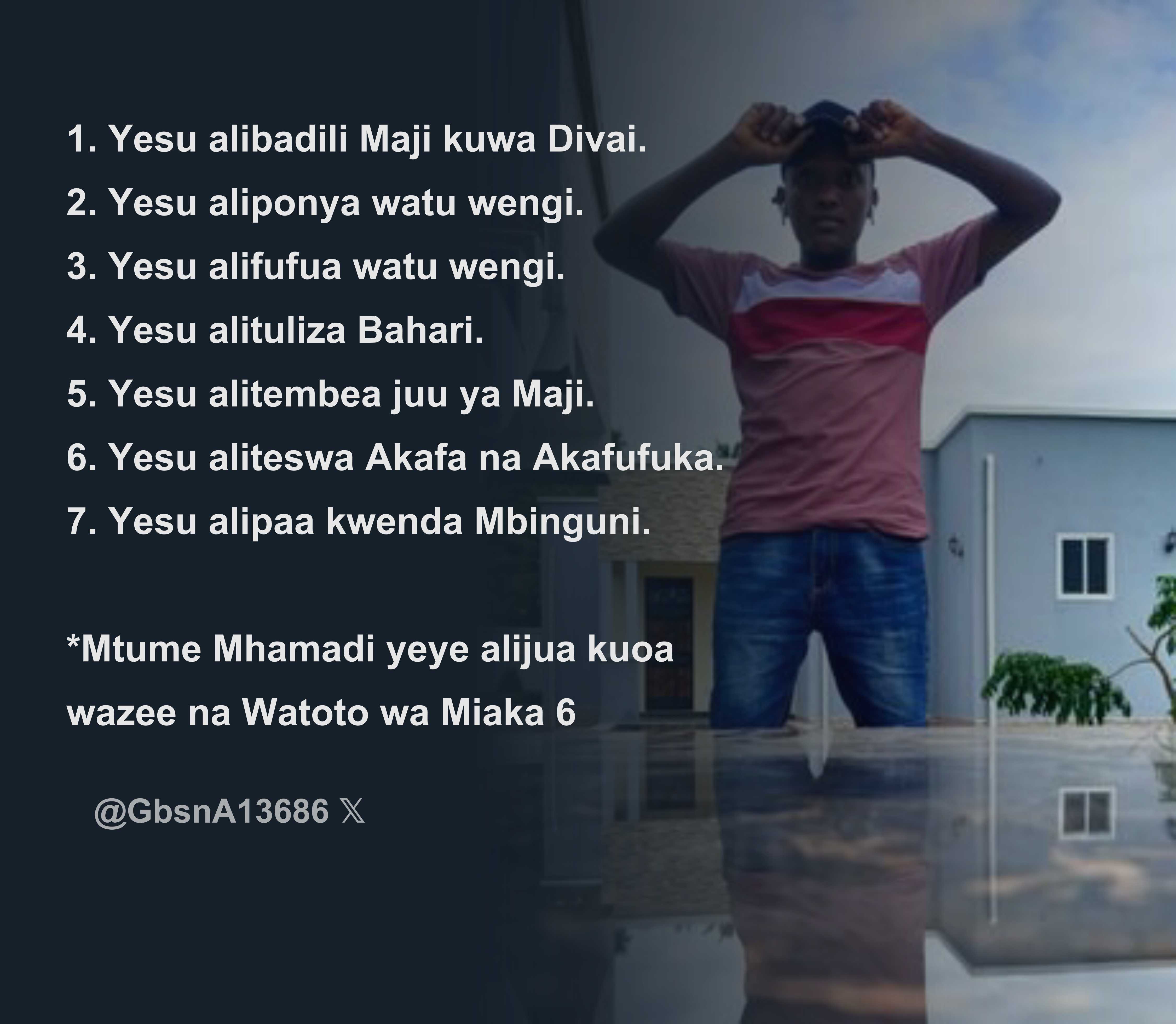 1. Yesu alibadili Maji kuwa Divai. 2. Yesu aliponya watu wengi. 3. Yesu alifufua watu wengi. 4 ...