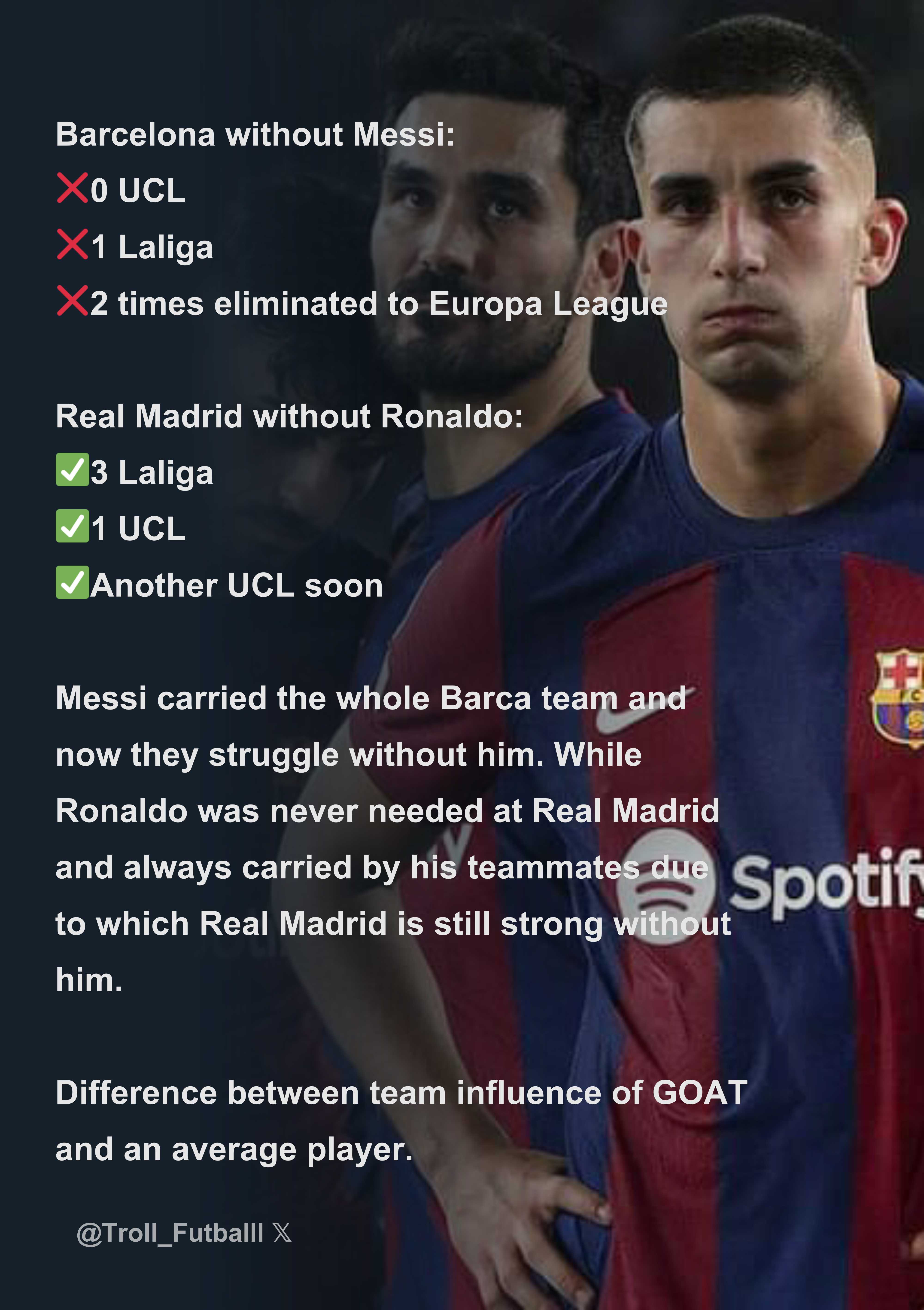 Barcelona without Messi: 0 UCL 1 Laliga 2 times eliminated to Europa League Real Madrid without ...